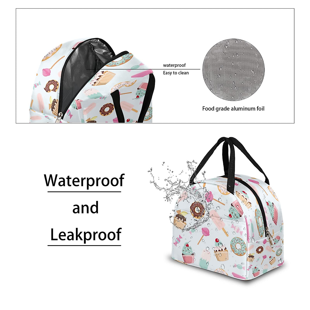 DJYQBFA Cupcake Donuts Lollipop Icecream Lunch Bag Reusable Soft Lunch Box for Adult Kids Insulated Meal Tote Kit Lunch Containers for Work School Picnic Outdoor
