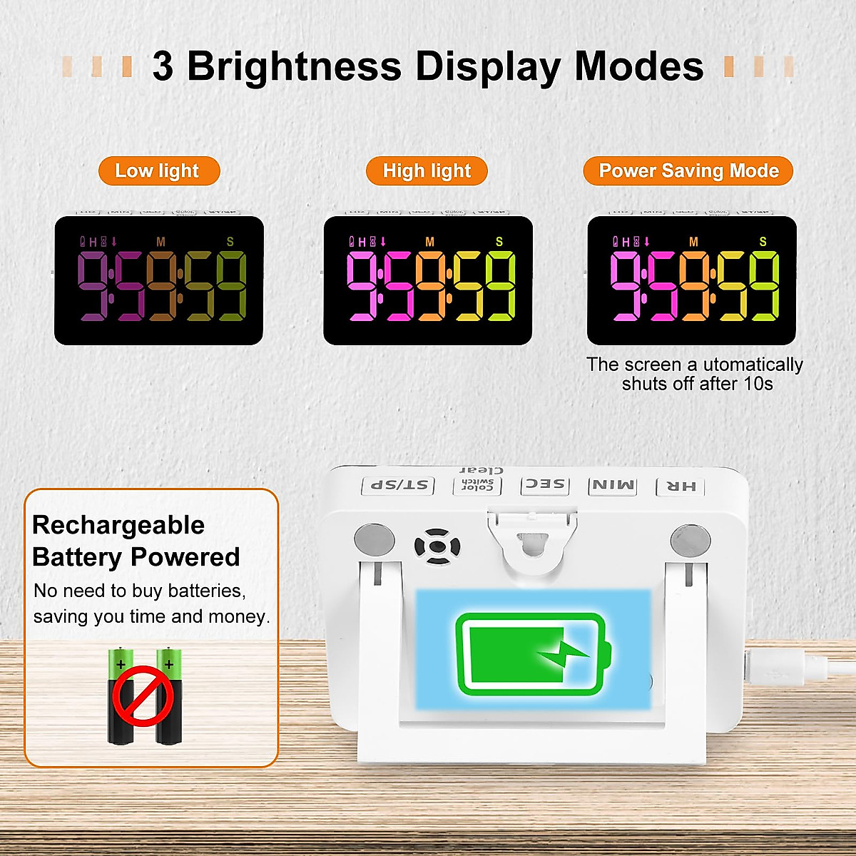 PERSUPER Kitchen Timer for Cooking, 10 RGB Color Changing Digital Magnetic Timer, Countdown/Up, Rechargeabilit, 3 Brightness Display, 3 Volume Levels and Vibration Mode, for Classroom, Study, Fitness