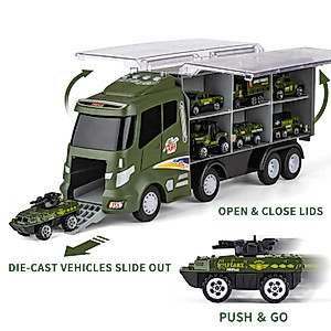 18 Pcs Military Truck with Army Men Toy Set for Boys, Mini Die-cast Battle Car in Transport Carrier Truck Playset, Army Toy Vehicle for Boy Girl Kid Toddler 8-12 Year Old Birthday Gift Party Favor