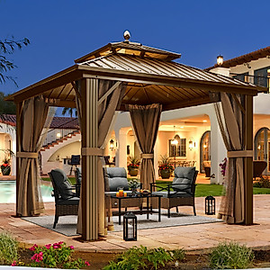 YITAHOME 10x10ft Hardtop Gazebo with Nettings and Curtains, Heavy Duty Double Roof Galvanized Steel Outdoor Combined of Horizontal Vertical Stripes Roof for Patio, Backyard, Deck, Lawn (Bronze)