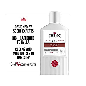Cremo Bourbon & Oak Barber Grade 2-in-1 Shampoo & Conditioner, 16 Fl Oz (2-Pack) - A Sophisticated Blend of Distiller’s Spice, Fine Bourbon and White Oak