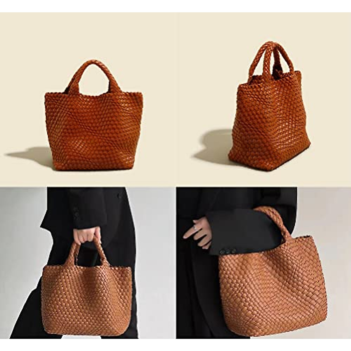 Vegan Leather Woven Bag with Purse for Women, Fashion Handmade Beach Tote Bag Top-handle Handbag (Apricot)