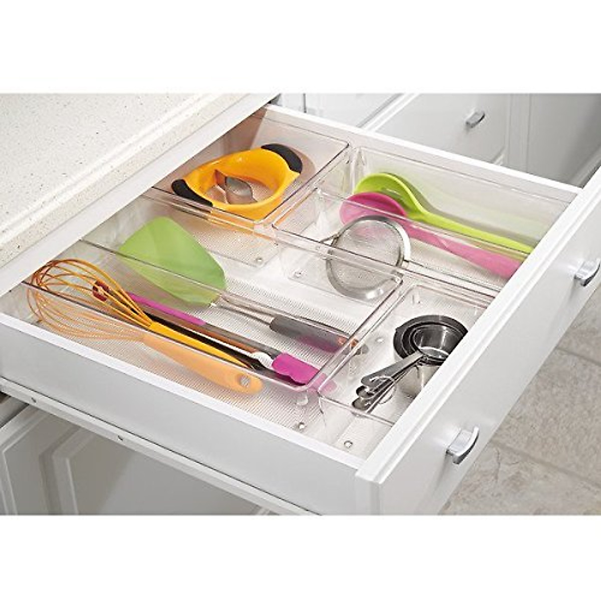 InterDesign Linus Kitchen Drawer Organizer for Silverware, Spatulas, Gadgets - 8" x 8" x 3", Clear