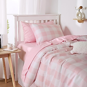 Wake In Cloud - Gingham Duvet Cover Set, Cute Plaid Buffalo Check Checker Preppy for Women Teen Girls, Soft Lightweight Dorm Bedding, 3-Piece, Pink White, Twin/Twin XL Size