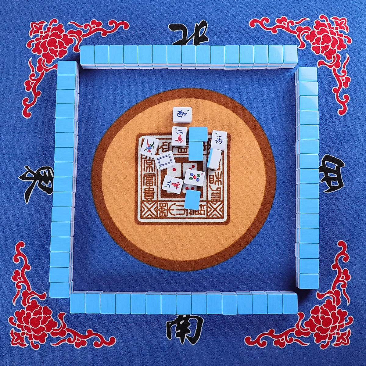 GUSTARIA Mahjong Mat with 3 Dice & Carrying Bag, Anti Slip and Noise Reduction Mahjong Table Mat for Poker, Card, Board & Tile Games (Blue, 31.5 inches)