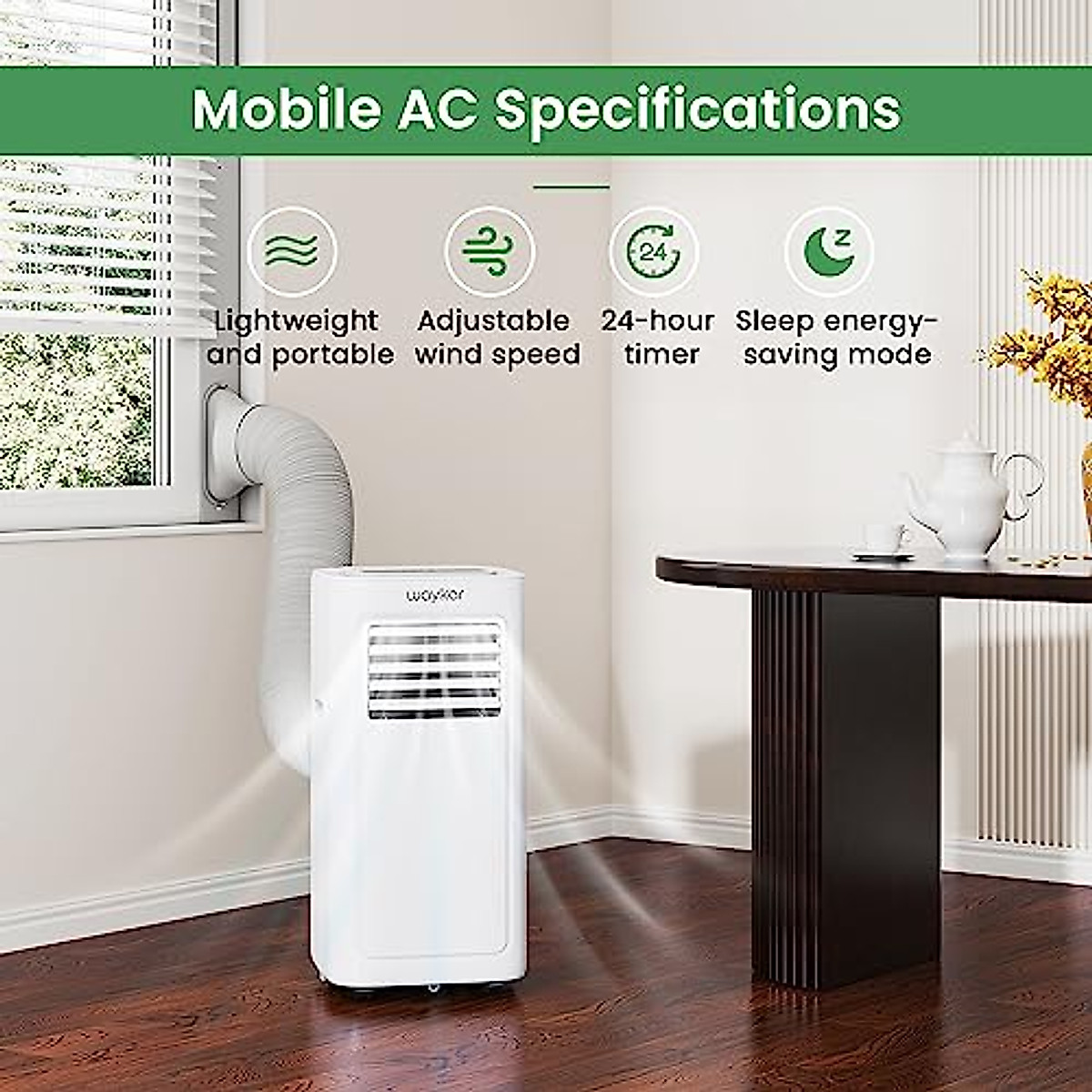 Waykar 9,000 BTU Portable Air Conditioner up to 450 Sq. Ft with Dehumidifier and Fan Mode, 3-in-1 Room AC with Drain Hose, 24Hrs Timer, Installation Kit for Home Office