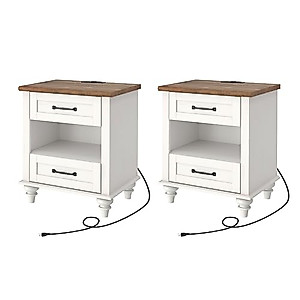 WAMPAT End Tables Storage Cabinet with Charging Station, Mid-Century Set of 2 Nightstands with 4 Drawers & Open Shelf, Farmhouse Wood Side Table for Bedroom & Living Room, Off White