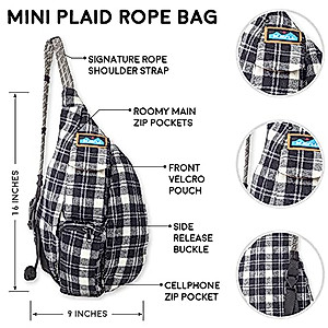 KAVU Mini Plaid Rope Bag Sling Crossbody Backpack Travel Cotton Purse - Oatmeal