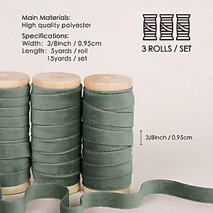 Vitalizart Dusty Green Velvet Ribbon Set 3/8" x 15 Yd Wooden Spool Fabric Trim 3 Rolls * 5 Yd for Christmas Wreath Decoration Handmade Craft Ornaments Gift Wrapping & Bow Making