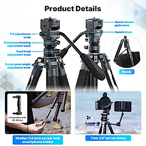 ULANZI F38 Video Travel Tripod, 61.4" Carbon Fiber Tripod w Quick Release Fluid Head, 2.38lbs Ultra Lightweight Portable Stable Professional Camera Photo Video Tripod, Load up to 22lbs, with Bag