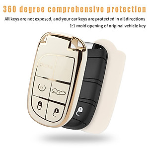 Compatible with Jeep Key Fob Cover with Keychain Grand Cherokee Renegade Chrysler Dodge RAM Journey Dart Fiat Smart Key 3 4 5 Buttons Holder - Premium Protection Car Key Case Shell, Anti-dust, White