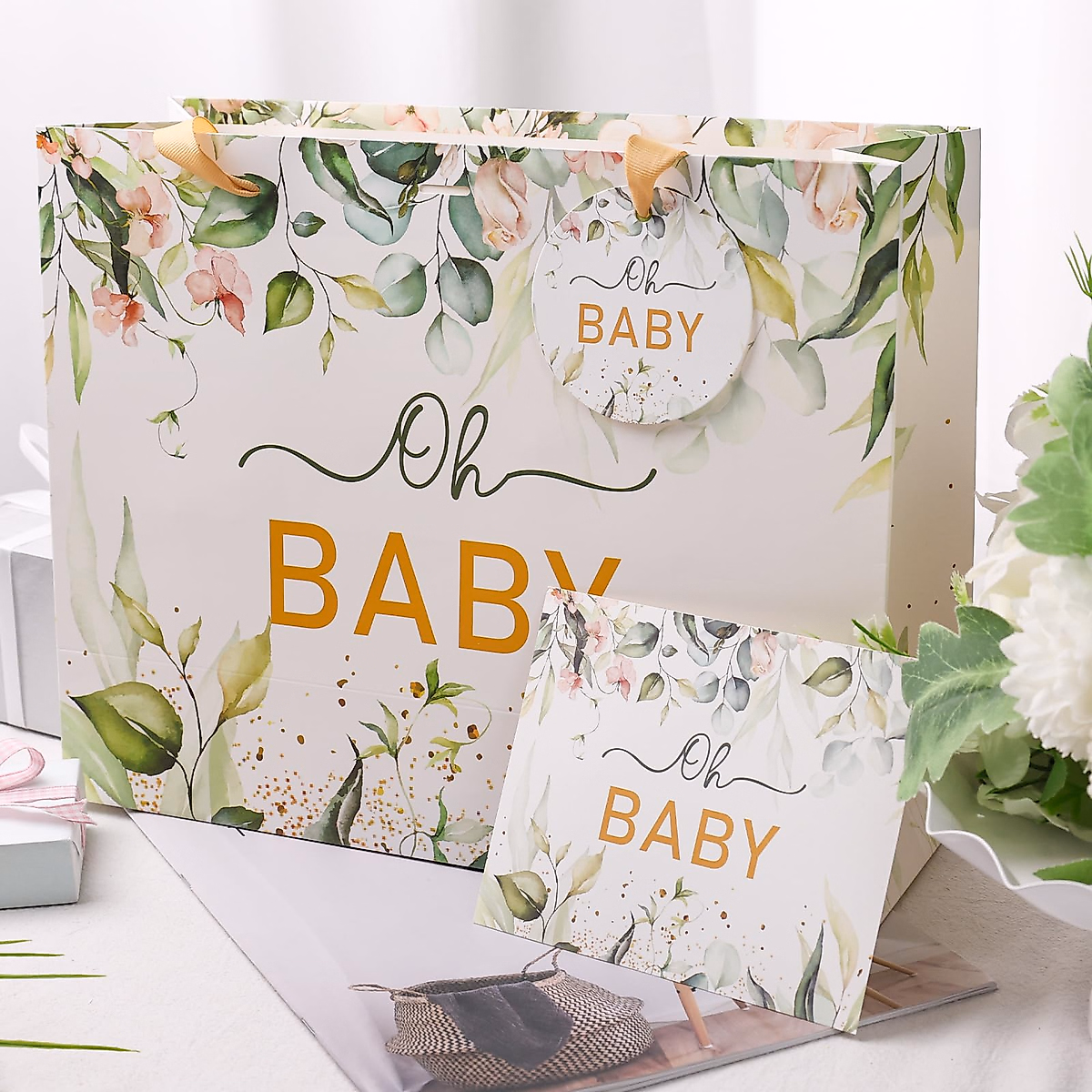 Shindel 13" Large Baby Boy Girl Gift Bag with Handle, 2PCS Baby Gift Bag with Tissue Paper Greeting Card Ribbon for Baby Shower Newborn Birthday Party