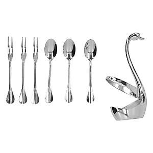 Stainless Steel Flatware Set Dessert Cutlery Set Includes Swan Tableware Storage Rack Base 3 Forks+3 Spoons Silver Flatware Set for Kitchen and Restaurant Silverware Modern Silver Holder