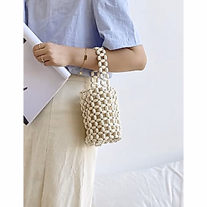 Goodly Wood Beaded Tote Handbag/Summer Mini Beads Bag/Wood Beads Circle Tote Bag for Women (Beige)… (Ivory)