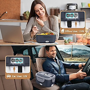 Vabaso Electric Lunch Box for Adults, 80W Heated Lunch Box with 2 Stainless Steel Container, 1.5L Portable Food Warmer Lunch Box for Work Men Car Truck, 110V/12V/24V/220V