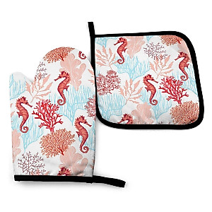 VunKo Sea Horse Oven Mitts and Pot Holders Sets Heat Resistant Coral Oven Gloves with Non-Slip Surface for Safe BBQ Cooking Baking Grilling Set of 2