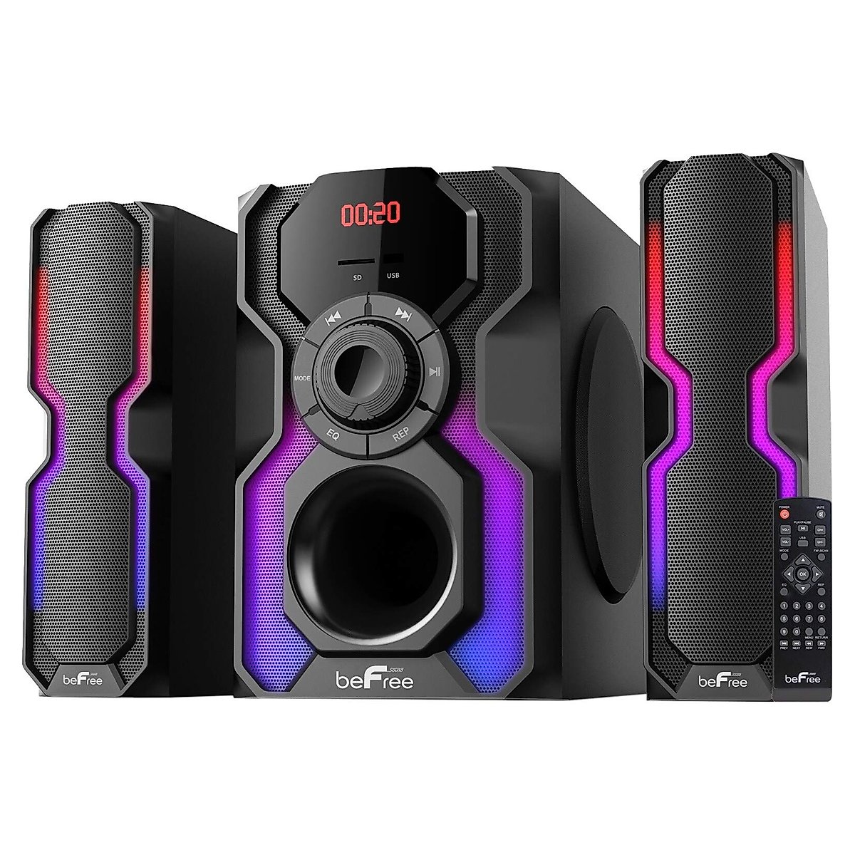 beFree Sound 2.1 Channel Bluetooth Multimedia Wired Speaker Shelf Stereo System with Reactive LED Lights, FM Radio, USB, and SD Inputs