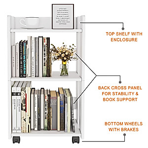 yeavs 3-Tier Side Table with Wheels, Moveable Bookshelf, Multi-Functional Rolling Bookcase Storage Cart Organizer for Office Living Room Bedroom Bathroom, White