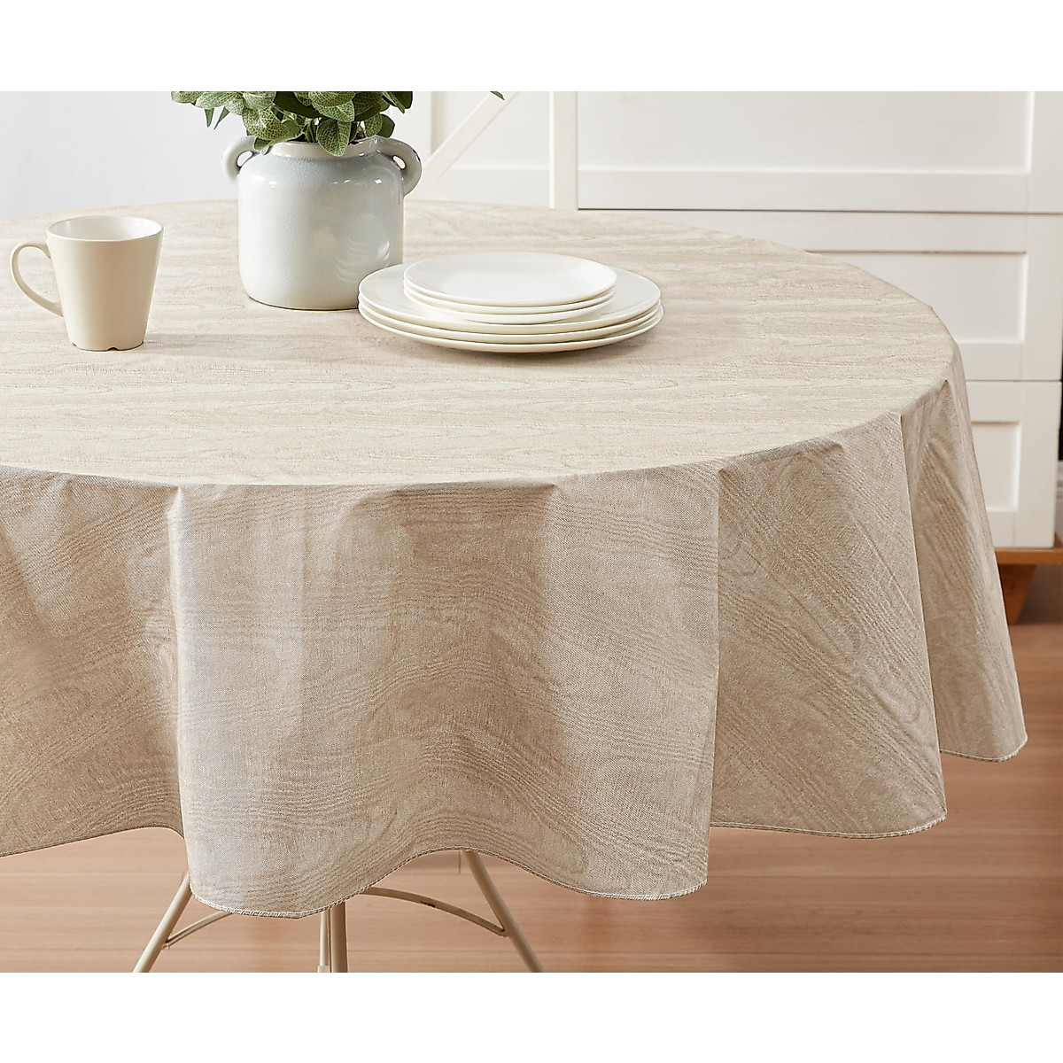 Newbridge Taupe Moire Wavy Solid Color Print Heavy Weight Vinyl Flannel Backed Tablecloth, Indoor/Outdoor Vinyl Tablecloth with Flannel Backing, 60” x 84” Oval