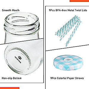 YEBODA 11oz Glass Milk Bottles with Reusable Metal Twist Lids and Straws for Beverage Glassware and Drinkware Parties, Weddings, BBQ, Picnics, Set of 9