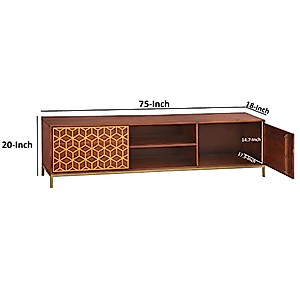 The Urban Port Kalyn 75-Inch Handcrafted TV Media Console Entertainment Center, 2 Doors, Center Shelf, Geometric Design Print, Brown Acacia Wood, Brass