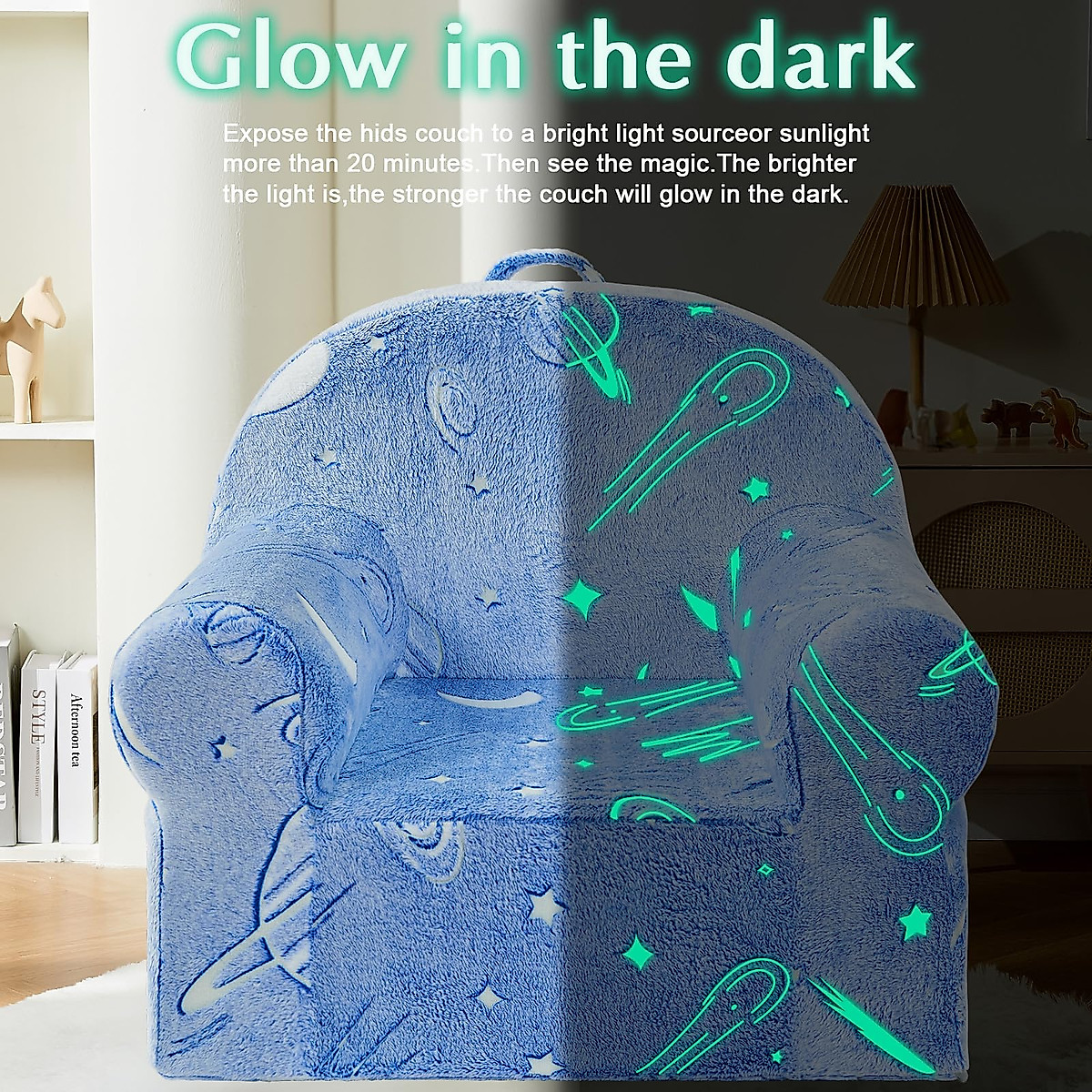 ILPEOD Toddler Chair Sherpa Couch Sherpa Kids Chair, Cuddly Comfy Toddler Plush Chair Toddler Couch Reading Chair for Kids Glow in The Dark Starry Sky Blue