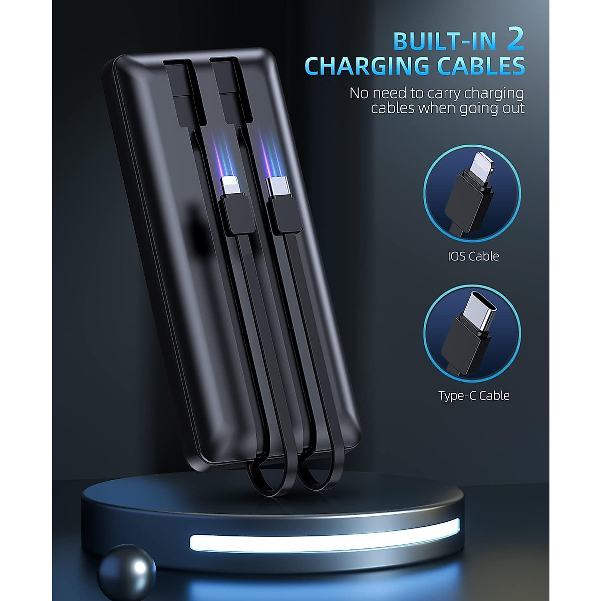 Power-Bank-Portable-Charger - 16000mAh Power Bank Support PD 30W and QC4.0 Fast Charger with Built-in 2 Output Cable and LED Display for iPhone and Android Phones and Most Electronic Devices