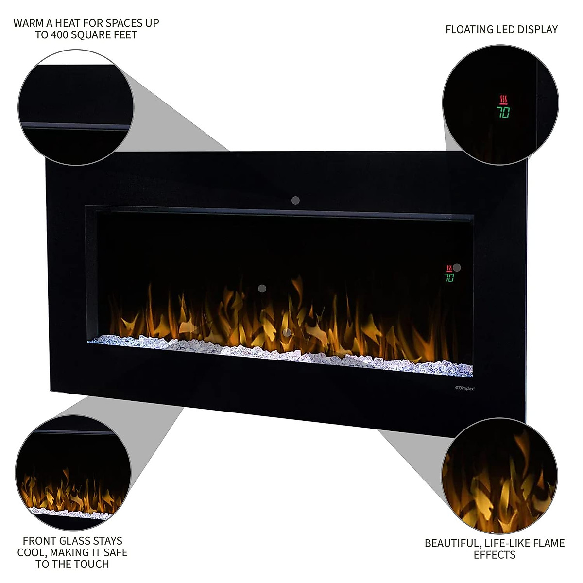 DIMPLEX DWF Series 43" Nicole Wall-Mounted Electric Fireplace with Acrylic Ember Bed (Model: DWF3651B), 4231 BTU, 120 Volt, 1240 Watt, Black