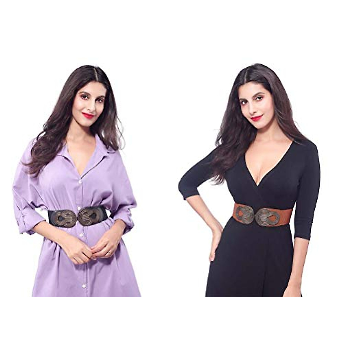 VOCHIC 2pcs Vintage Basic Stretchy Elastic Wide Waist Belt for Womens Dress Metal Interlock Buckle