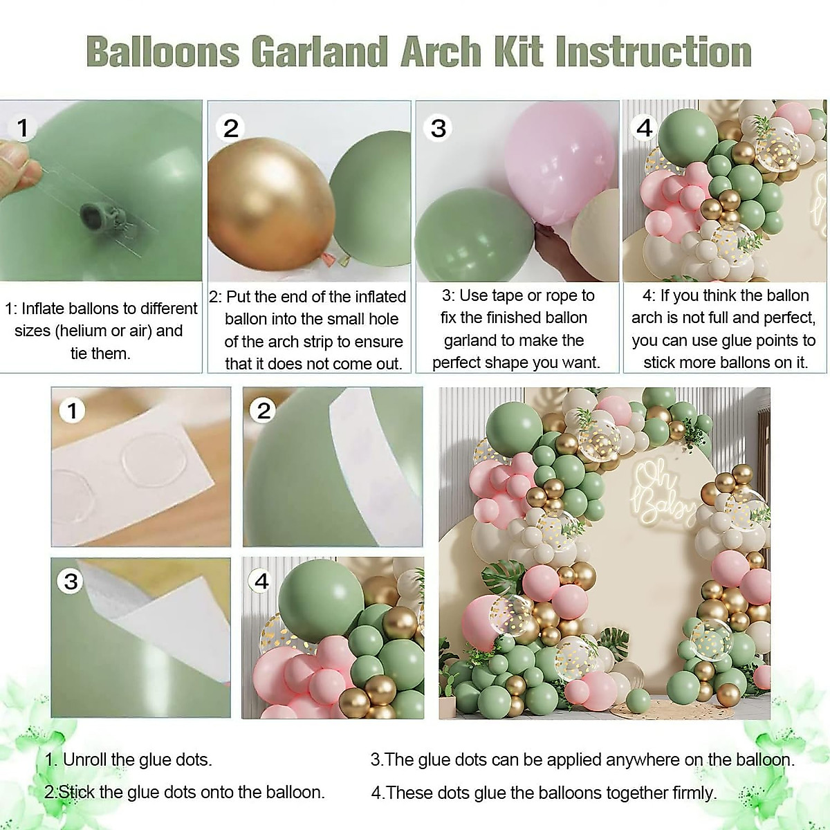 Sage Green Pink Balloon Arch Kit, Olive Green Light Pink Sand White Blush Metallic Gold Balloons with Gold Confetti Balloons for Girl Birthday Woodland Baby Shower Jungle Safari Decorations…
