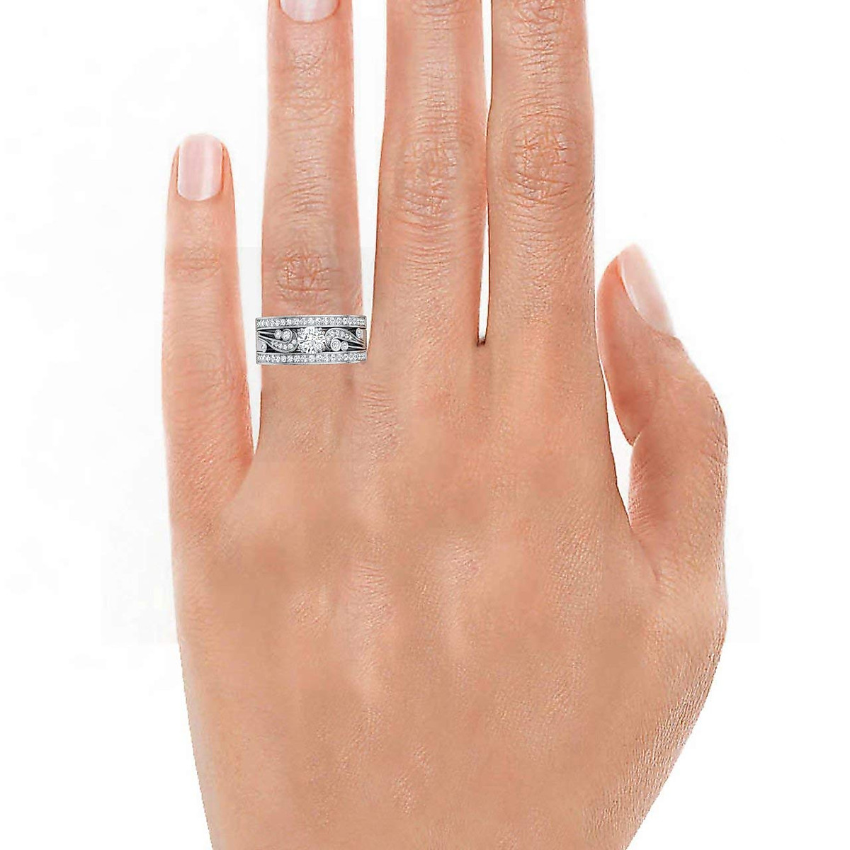 Diamondere Certified Moissanite and Diamond Engagement Ring Set in 14K White Gold | 0.98 Carat Trio Wedding Ring Sets, US Size 7