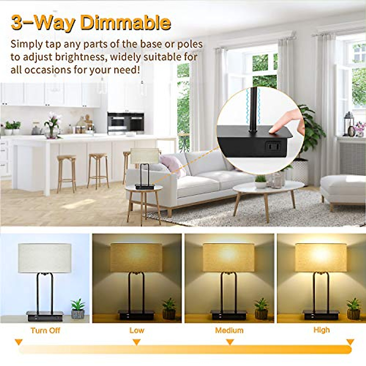 3-Way Dimmable Touch Control Table Lamp with 2 USB Ports and AC Power Outlet Modern Bedside Nightstand Lamp with Fabric Shade and Metal Base for Guestroom Bedroom Living Room & Hotel LED Bulb Included