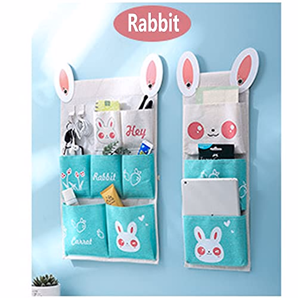 KINGREE 2PCS Wall Closet Hanging Storage Bag with Hooks Premium Linen Fabric Over The Door Organizer, Hanging Storage Pouches with 3 Pockets and 7 Pockets for Bedroom Bathroom (Rabbit)