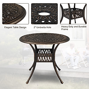 VINGLI 5 Pieces Outdoor Patio Dining Set, Cast Aluminium Patio Furniture Set with 4 Chairs and 1 Umbrella Table for Yard, Garden, Porch and Poolside, Bronze (Round Table and Chairs)