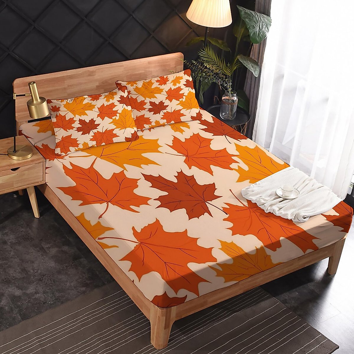 zcsm Fall Leaves Sheets Full Size Sheet Sets - Maple Leaf Bed Sheets, Soft Microfiber & Deep Pocket & Wrinkle Free Patterned Bedding Sheets & Pillowcases, 1 Fitted Sheet, 1 Flat Sheet, 2 Pillow Cases