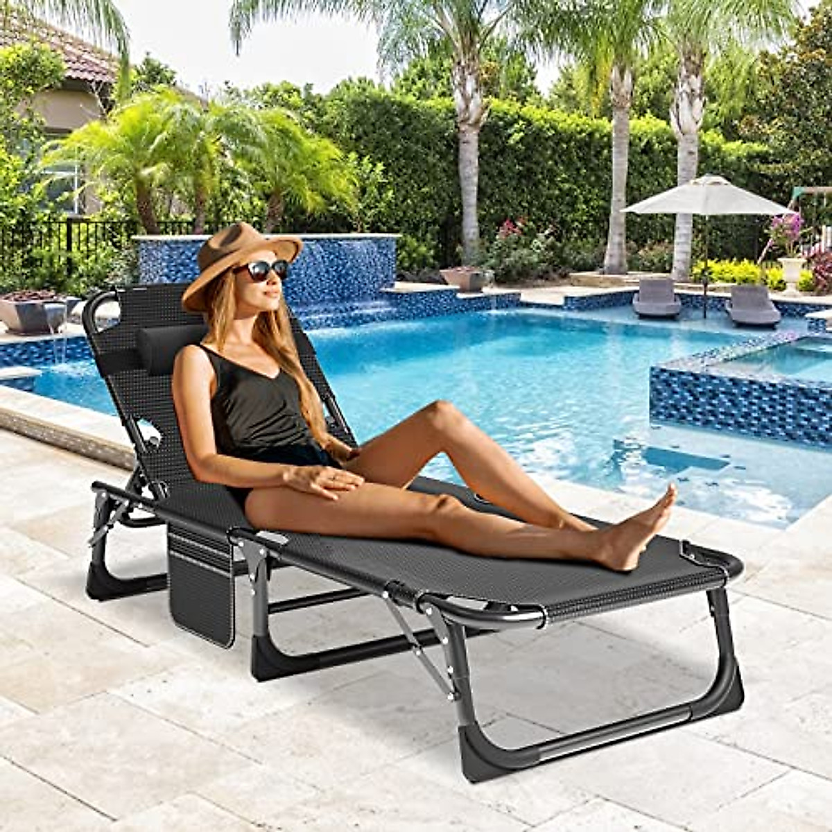 DoCred Folding Lounge Chair with Mattress, 4 Position Adjustable Folding Sleeping Bed Cot Chaise Lounge Chairs Perfect for Sunbathing, Camping, Pool, Beach, Patio