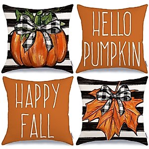 GEEORY Fall Decorative Throw Pillow Covers 20 x 20 Set of 4, Stripes Hello Pumpkin Happy Fall Decor Outdoor Farmhouse Pillow Cases for Home Couch (Orange Color) G338-20