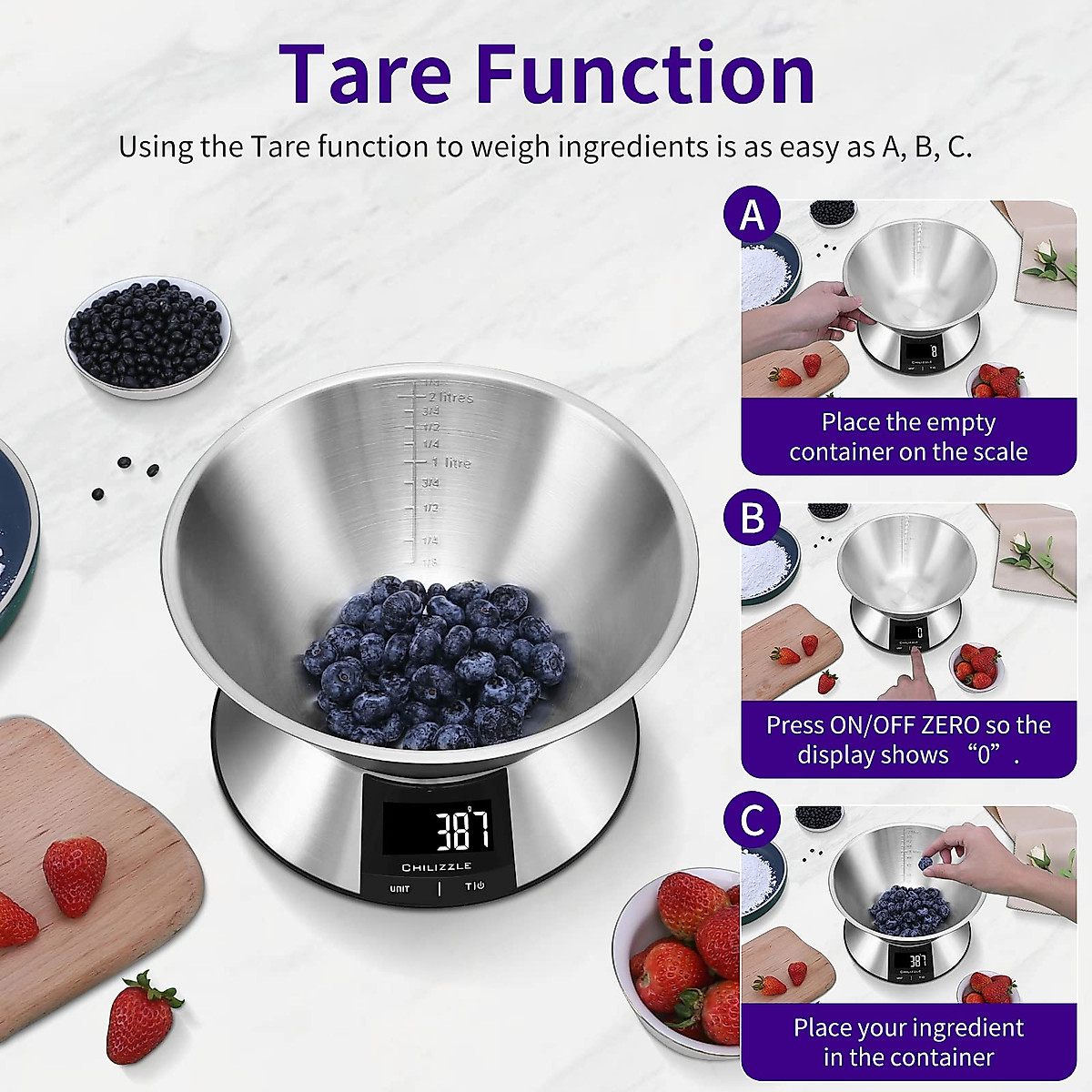 CHILIZZLE Food Scale with 304 Stainless Steel Bowl, Measures Liquids and Dray Ingredients, Digital Kitchen Weight Scale for Cooking or Baking