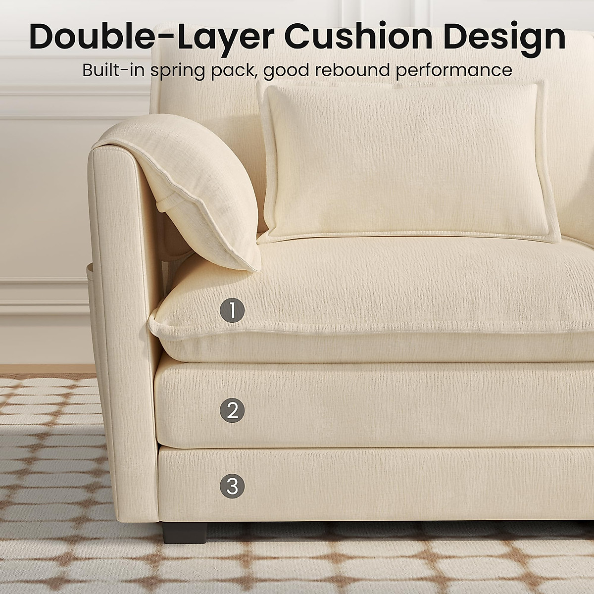 Winlice 112'' Sectional Sofa, L-Shaped Modular Couch with Double Layer Cushions and Movable Ottoman for Apartments, Living Room and Commercial Space, Beige