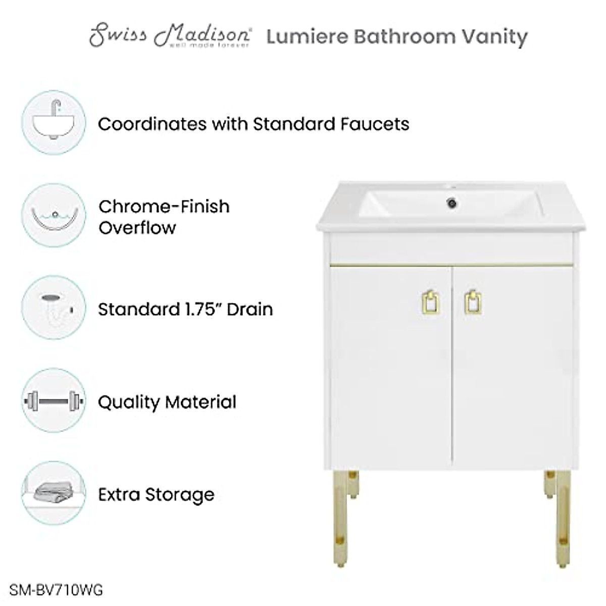 Swiss Madison Lumiere 24" Bathroom Bath Vanity, White and Gold