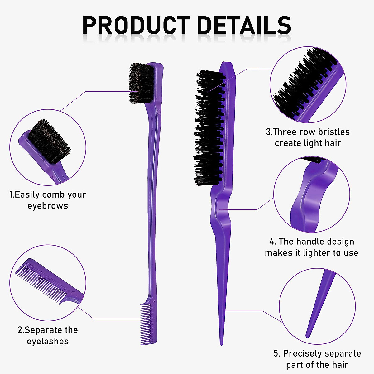 Remerry Nylon Hair Brush Set for Women & Girls, 12 Pieces Including 3 Row Salon Teasing Brushes, Double Sided Hair Edge Brush, Rat Tail Combs, Duckbill Clips - Purple