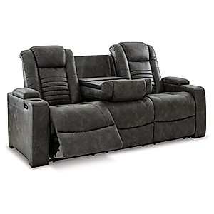 Signature Design by Ashley Soundcheck Contemporary Faux Leather Tufted Power Reclining Sofa with Adjustable Headrest, Gray