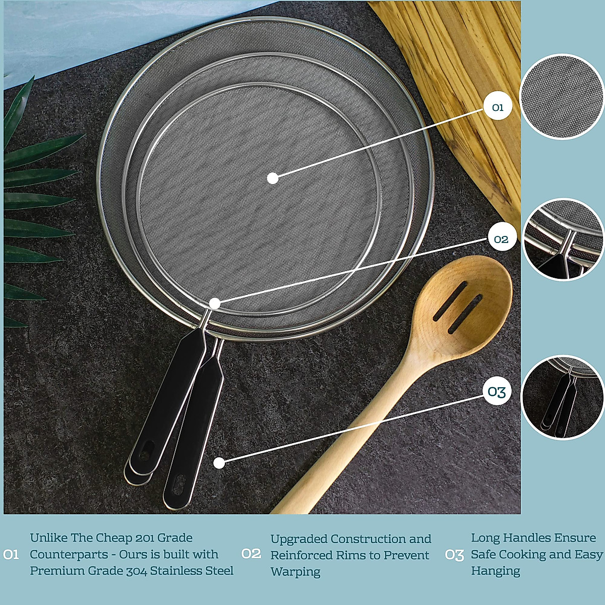 Grease Splatter Screen For Frying Pan Cooking - Stainless Steel Splatter Guard Set of 3-8", 10" and 11" inch - Fine Mesh Iron Skillet Lid- Hot Oil Shield to Stop Prime Burn (3, 8",10",11")