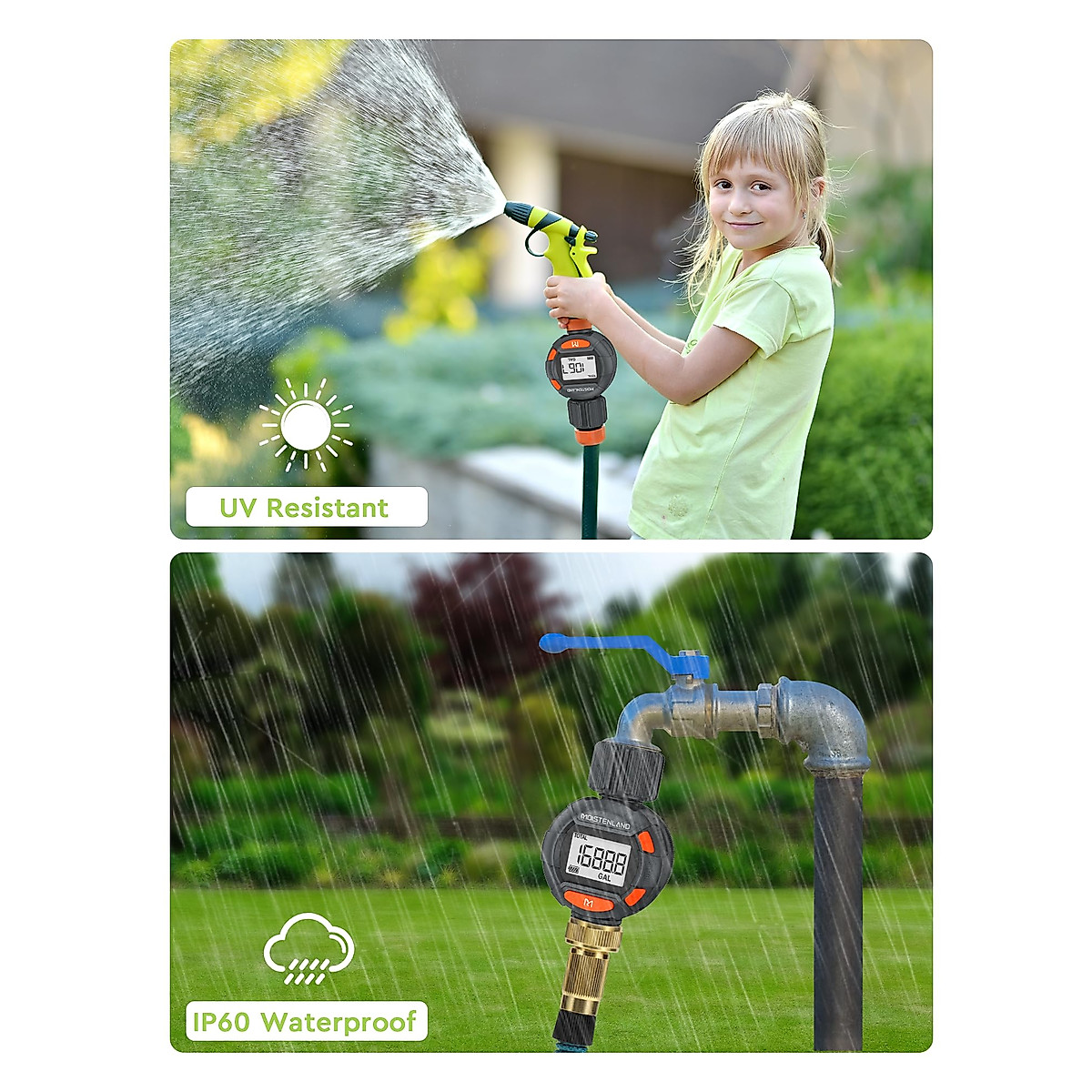 Moistenland Water Flow Meter, Water Meter, Standard 3/4" Thread, High Accuracy and IP6X Waterproof, Water Meter for Garden Hose/RVs/Lawn/Nozzle Sprayer