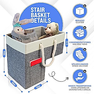 OZZEN Staircase Basket for Carpeted and Wooden Stairs with Two Pockets and Two Linen Bags - 16" L x 10" W x 16" H - Stair Basket with Handle and Foldable - Stair Organizer for Home Harmony