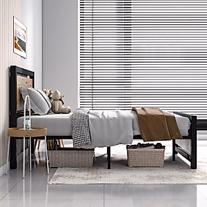 Catrimown Queen Bed, Metal Bed Frame with Strong Steel Slat Support, Heavy Duty Platform Bed with Headboard, Black, Under Bed Storage, No Box Spring Needed