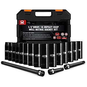 BLACKROBOT 18 PCS 1/2" Inch impact Deep Well Metric Socket Set, 18 Pieces Socket Set (10mm - 24mm), Include 3", 5", and 10" Impact Extension Bars, 6 Point Design Cr-V Socket Set, Meets ANSI Standards