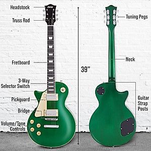LyxPro 39” Left Hand SB Series Electric Guitar, LP Style for Beginner, Intermediate & Pro Players Solid Body Guitar, Bonus 2-Pack of Picks, Mahogany Wood, Volume/Tone Controls, 3-Way Pickup - Green