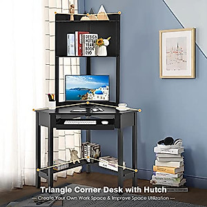 COSTWAY Corner Desk with Hutch, Compact Corner Computer Desk, Study and Writing Table with Keyboard Tray & Bottom Shelves, Space-saving Laptop PC Desk for Small Space, Home, Bedroom, Apartment (Black)