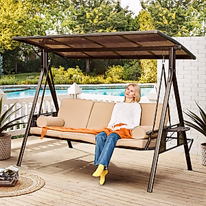 YOLENY 71in Outdoor Porch Swing with Hardtop, 3 Seat Patio Swing with 2 Side Cup Holder, Convertible Backrest Swing Bed with Cushion, 2 Pillows for Front, Porch, Lawn